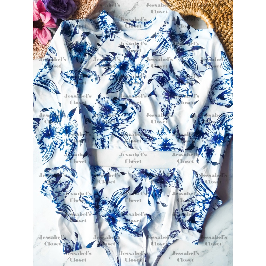 SHEIN Cropped Rash Guard Blue White Floral Print Swim Bottom Swimsuit ...