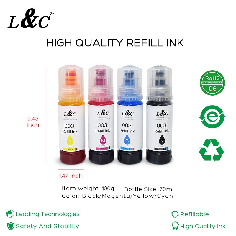 L&C Refill ink 003 Ink Set Dye Ink For Inkjet Printer L3110 L3150 L3116 ...