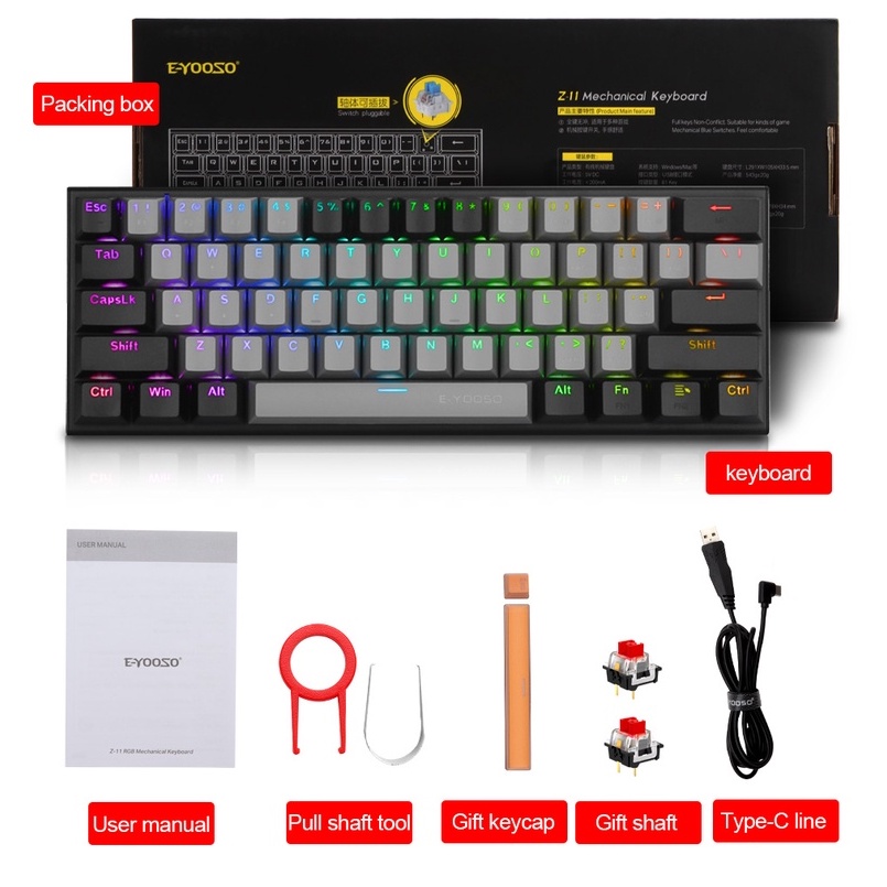 E-YOOSO Z11 RGB USB 60% Mini Mechanical Gaming Keyboard Blue Red Switch ...