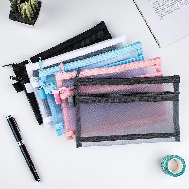 Nylon mesh double layer pencil case transparent stationery storage bag ...