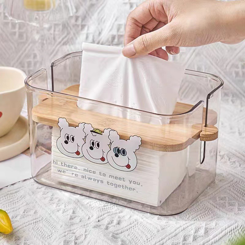 High-class Transparent Tissue Box w/ Bamboo Presser Lid Facial Tissue ...