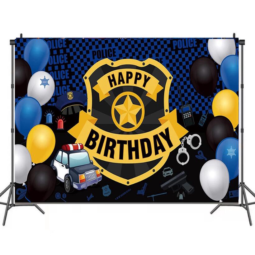 Police Department Theme Happy Birthday Backdrop, Yellow Badges Police ...