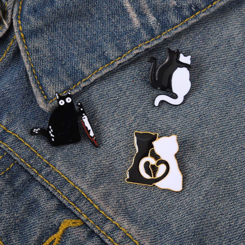 3 Styles Cartoon Cat Lapel Pin Black and White Cat Enamel Brooch ...