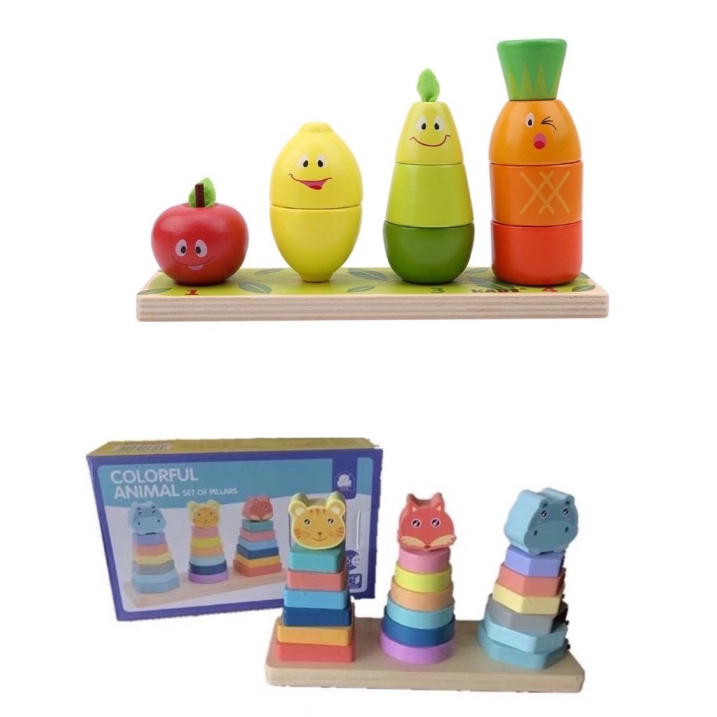 MGSS Colorful Animal fruit Stacker Toy Wooden Stacking set of pillar ...