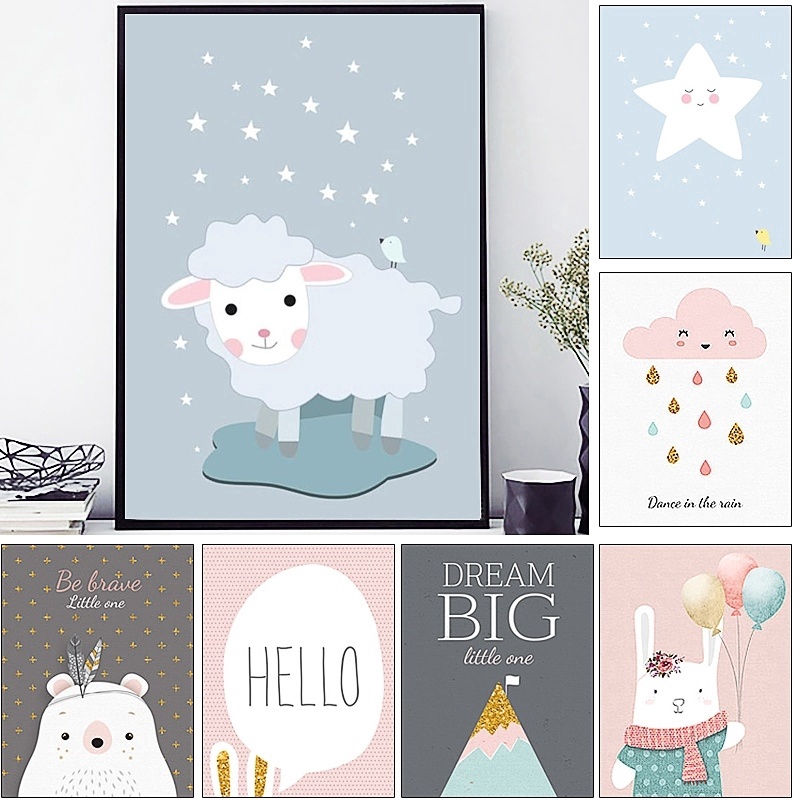Cute Cartoon Star Moon Sheep Wall Art Canvas Painting Posters And ...