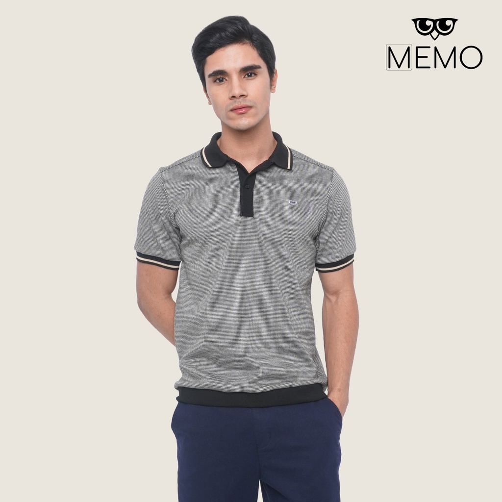 Memo Printed Polo With Striped Collar And Cuff For Men (Black) | Shopee ...