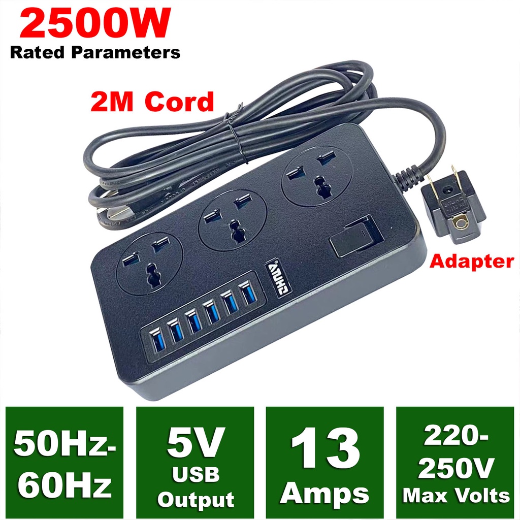 SK Mixes 2-4M Socket Extension 3 Outlet 6 USB Ports, Extension Cord ...