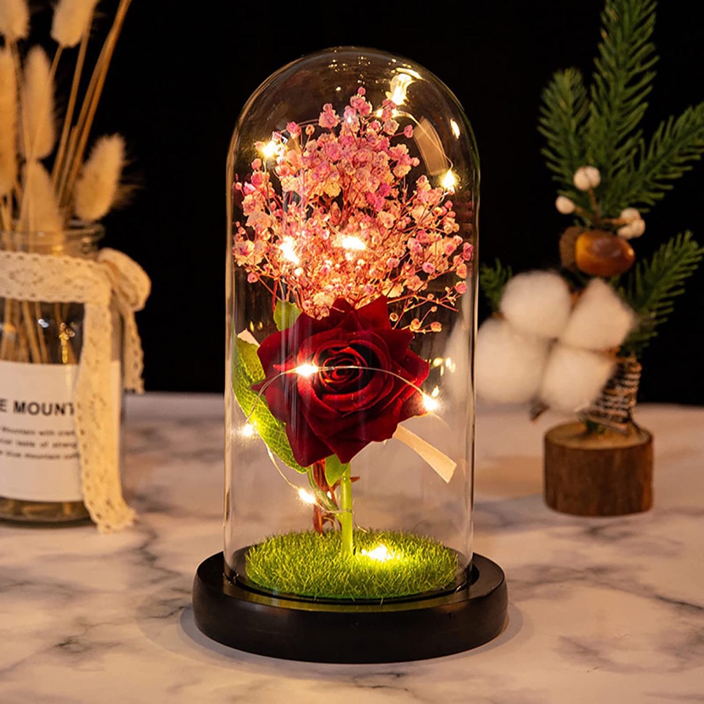 LED Light Valentine's Day Decoration Preserved Rose Red Artificial ...
