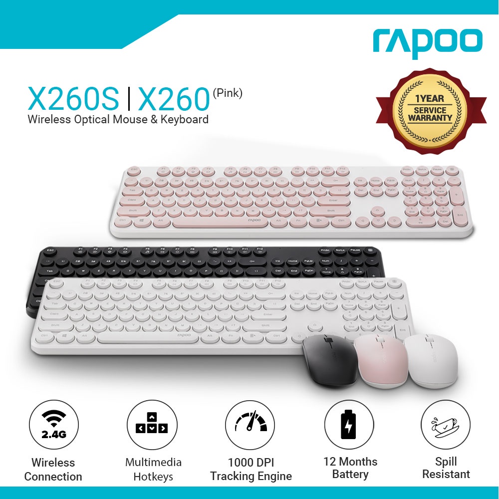 RAPOO X260S Slim Wireless Keyboard and MouseSet Retro Round Accurate ...