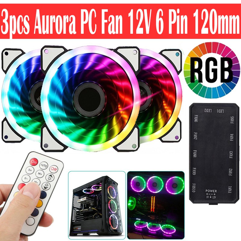 3/6Pcs Aurora PC Fan 12V 6 Pin 120mm RGB Cooling Fan with Light Remote ...