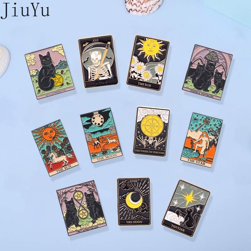 Tarot Card Enamel Pin Set Halloween Dark Black Cat Brooches Punk Sun Moon Badge Lapel Backpack ...