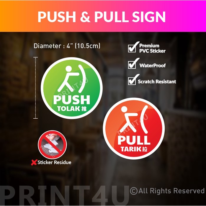 PRINT4U PUSH PULL TOLAK TARIK DOOR SIGN STICKER | Shopee Philippines