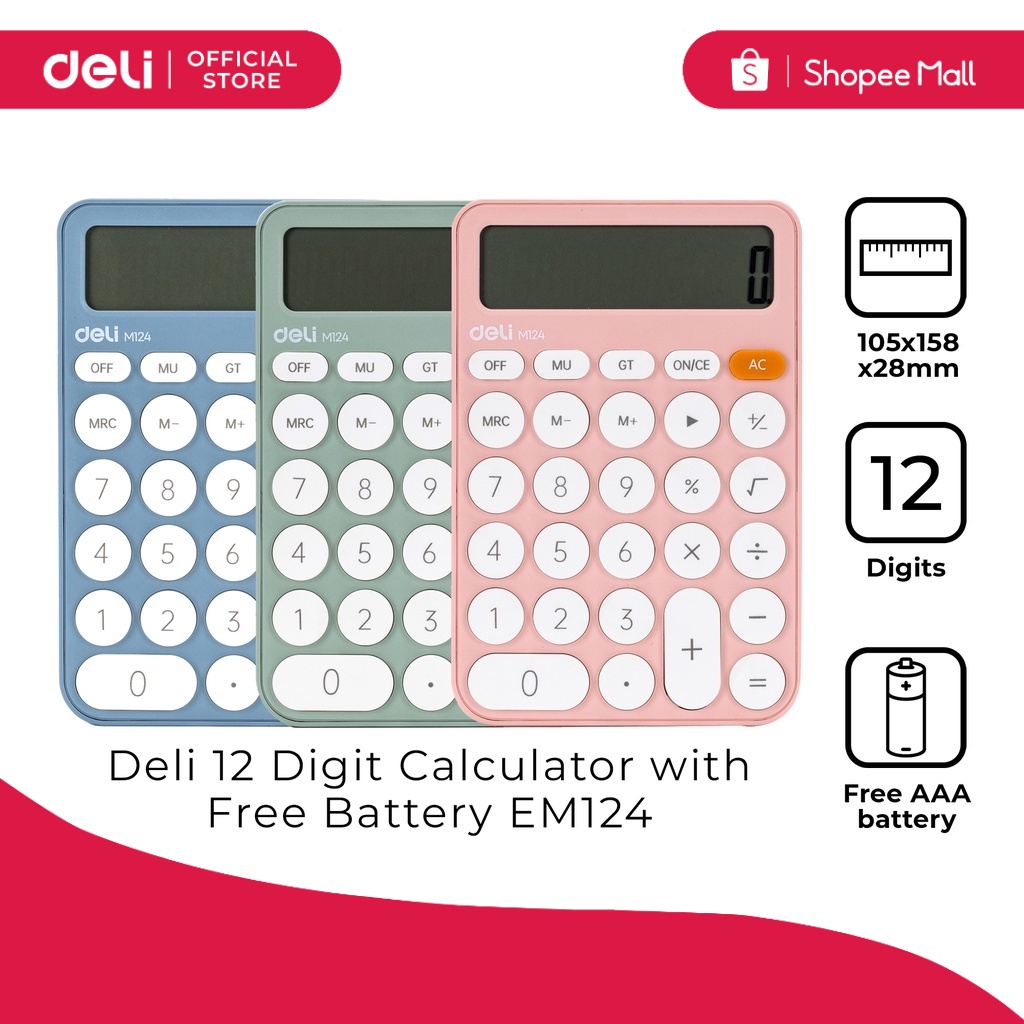 Deli EM124 12 Digit Calculator with Free Battery [79EM124] | Shopee ...