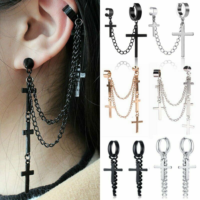 Korean Stainless Steel Punk Cross Hoop Tassel Earrings Ear Stud Unisex ...