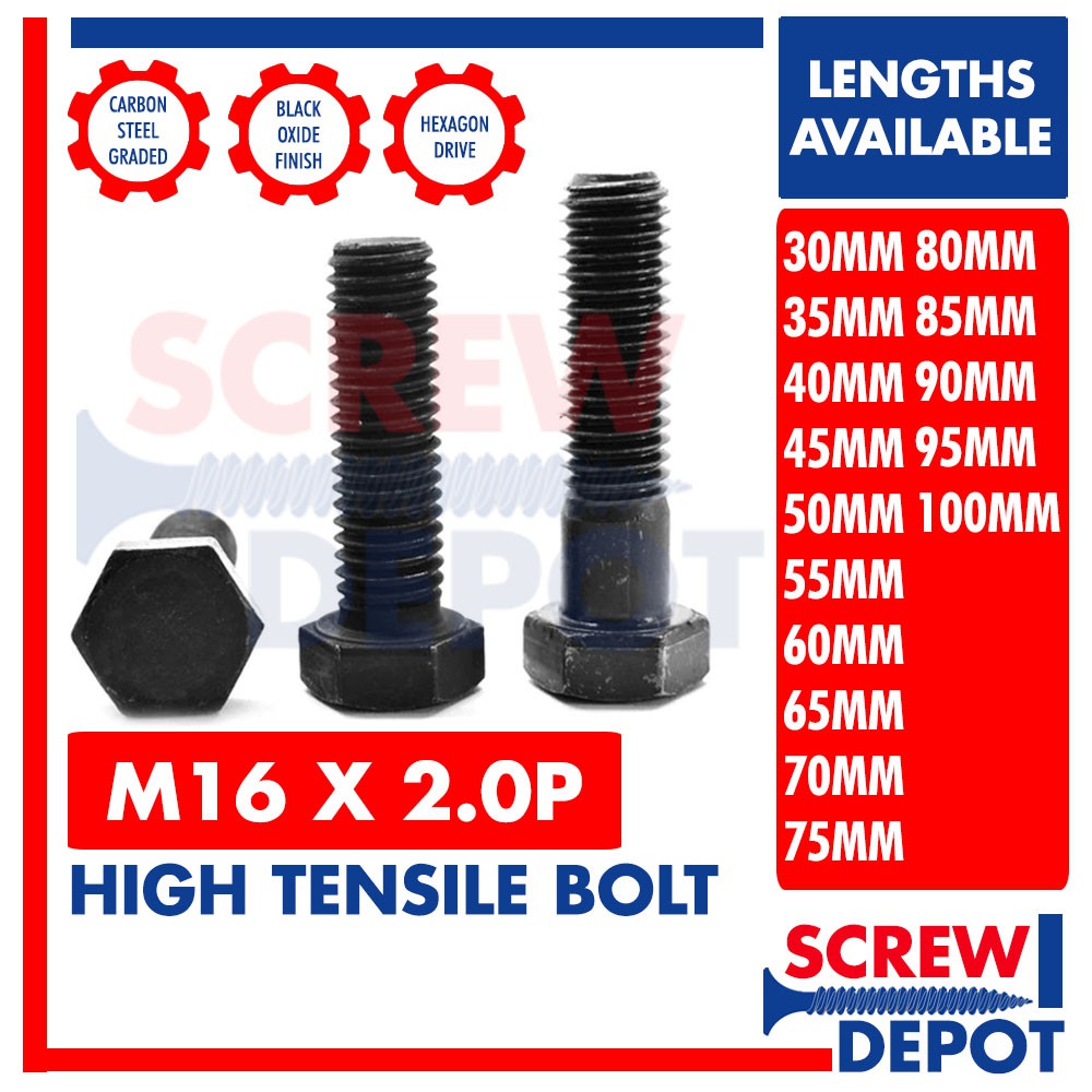 10PCS 16MM High Tensile Hex Bolt or HT Hexagonal Bolt Grade 8.8 M16 x 2 ...