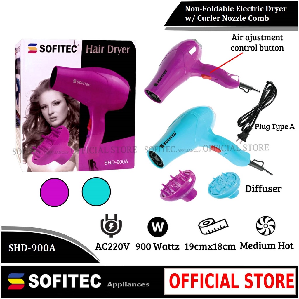SOFITEC Non-Foldable Blower W/ Curler Cylinder Nozzle Comb Electric ...