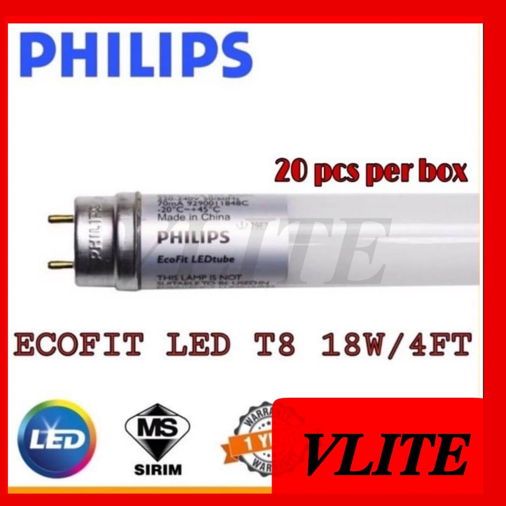 VLITE PHILIPS 18W T8 LED TUBE DAYLIGHT 2FT/4FT 20pc(1BOX) | Shopee ...