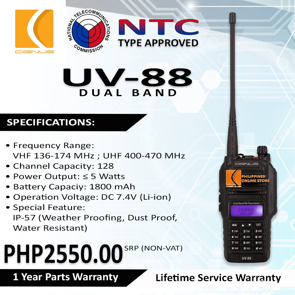 UV-88 Dual Band VHF 136-174 MHz UHF 400-470 MHz 5 Watts IP-57 Weather ...