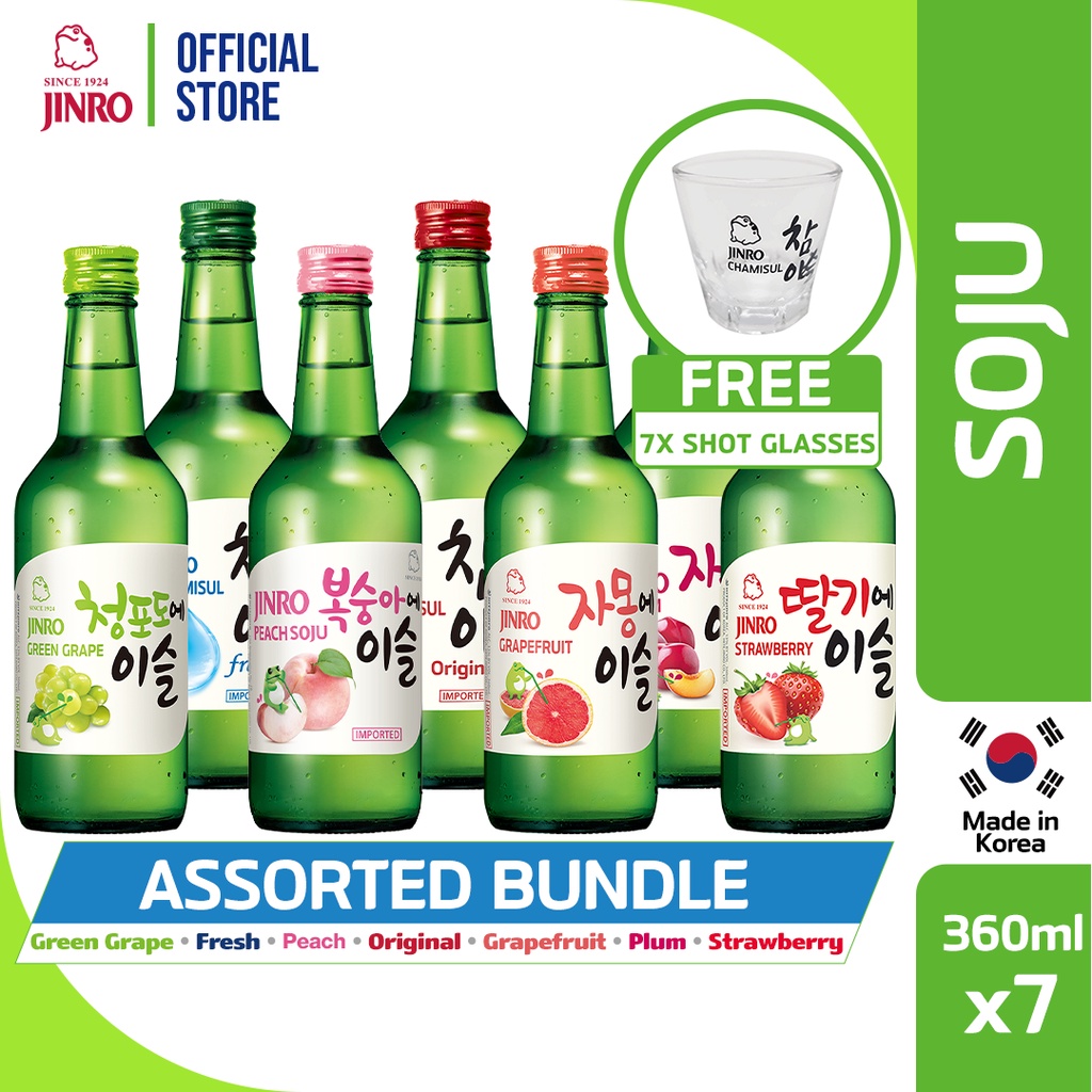 Jinro Assorted Flavors Soju 360 ml Pack of 7 FREE 7 Shot Glasses ...