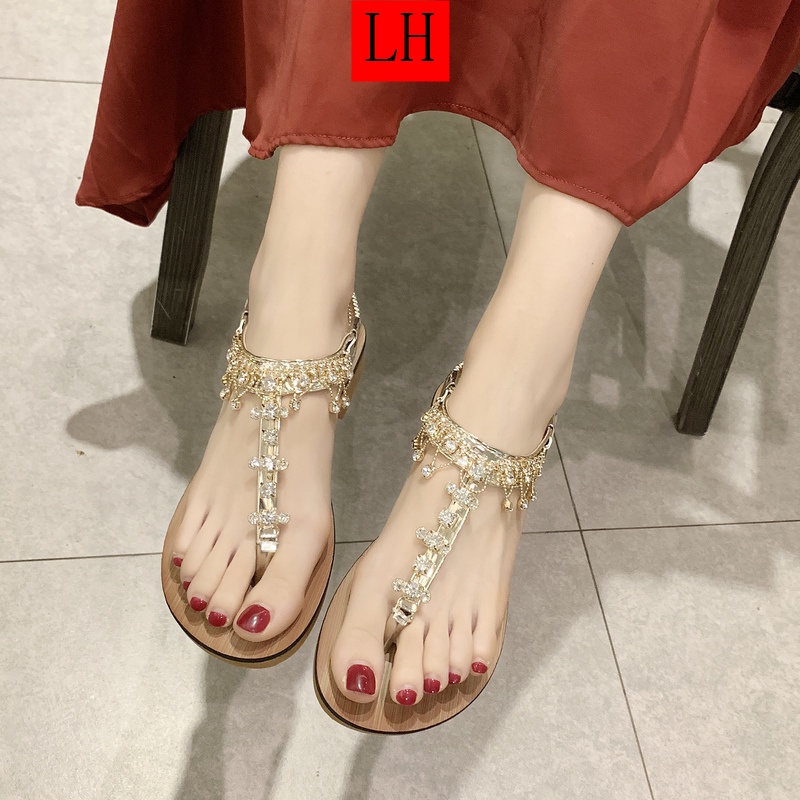 Womens Shoes Rhinestone Sandals Hooks Sandals Female Fairy Wind Flat ...