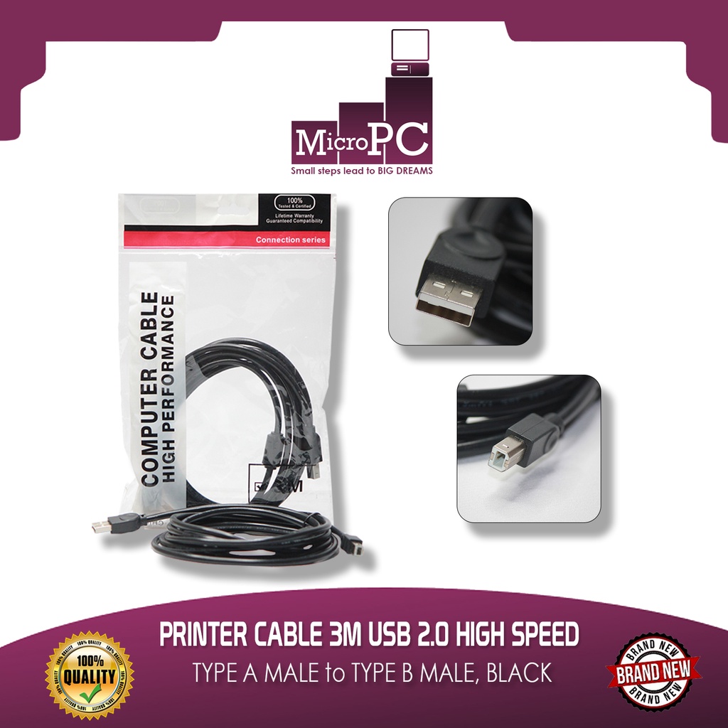 PRINTER CABLE 3M USB 2.0 HIGH SPEED, TYPE A MALE to TYPE B MALE, BLACK ...