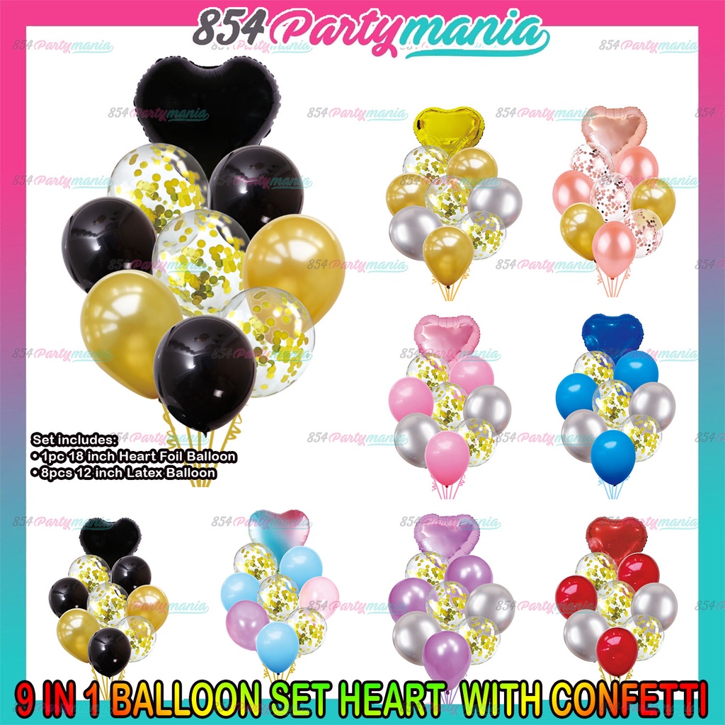9pcs Confetti Balloon Set w/ Heart Foil 9in1 Party Balloon Decor Set ...