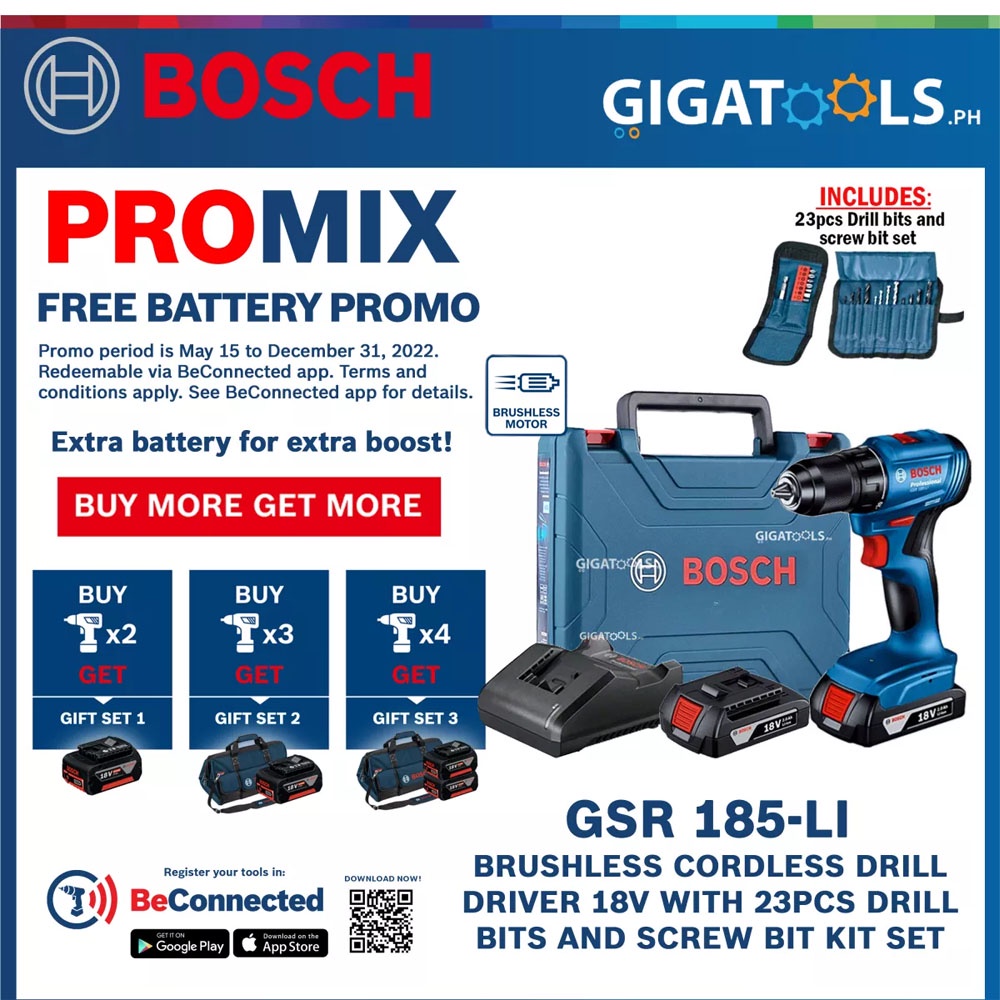 New Bosch GSR 185-LI Brushless Cordless Metal chuck Drill Driver 18V with 23pcs Drill bit Set ...