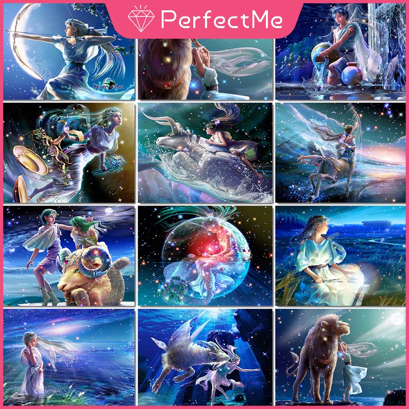 PM Round Diamond 5D Stone Painting Twelve Constellations Images Cross ...