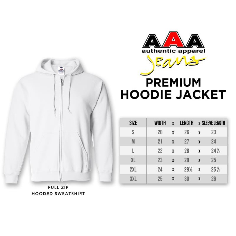 AAA PREMIUM Hoodie Jacket Unisex Adult Full Zipper (White) | Shopee ...