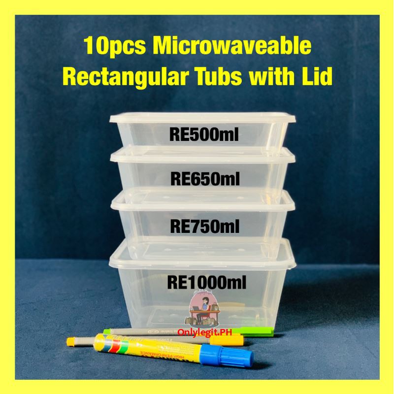 10pcs Microwaveable Rectangular Tub with Lid (RE500 RE650 RE750 RE1000 ...