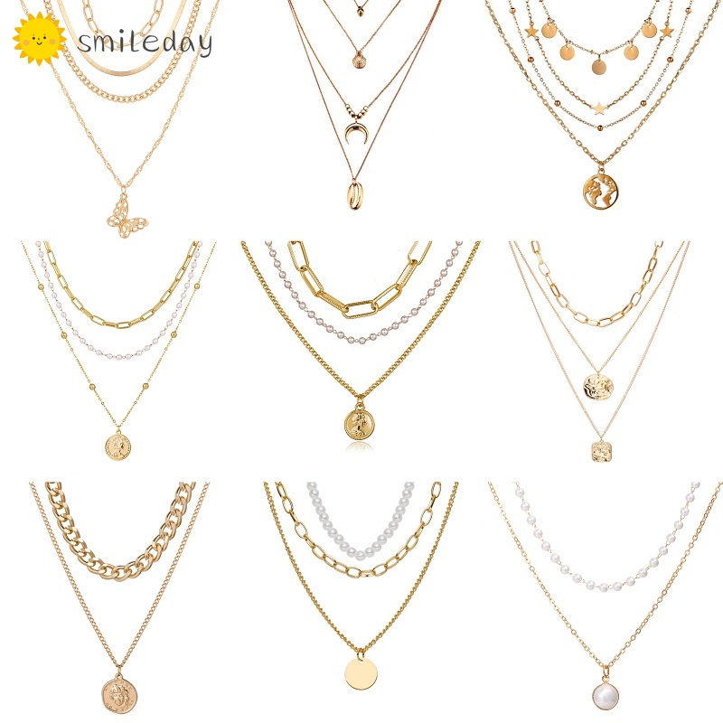 Gold Necklace for Women Retro Multilayer Pearl Necklaces Butterfly ...