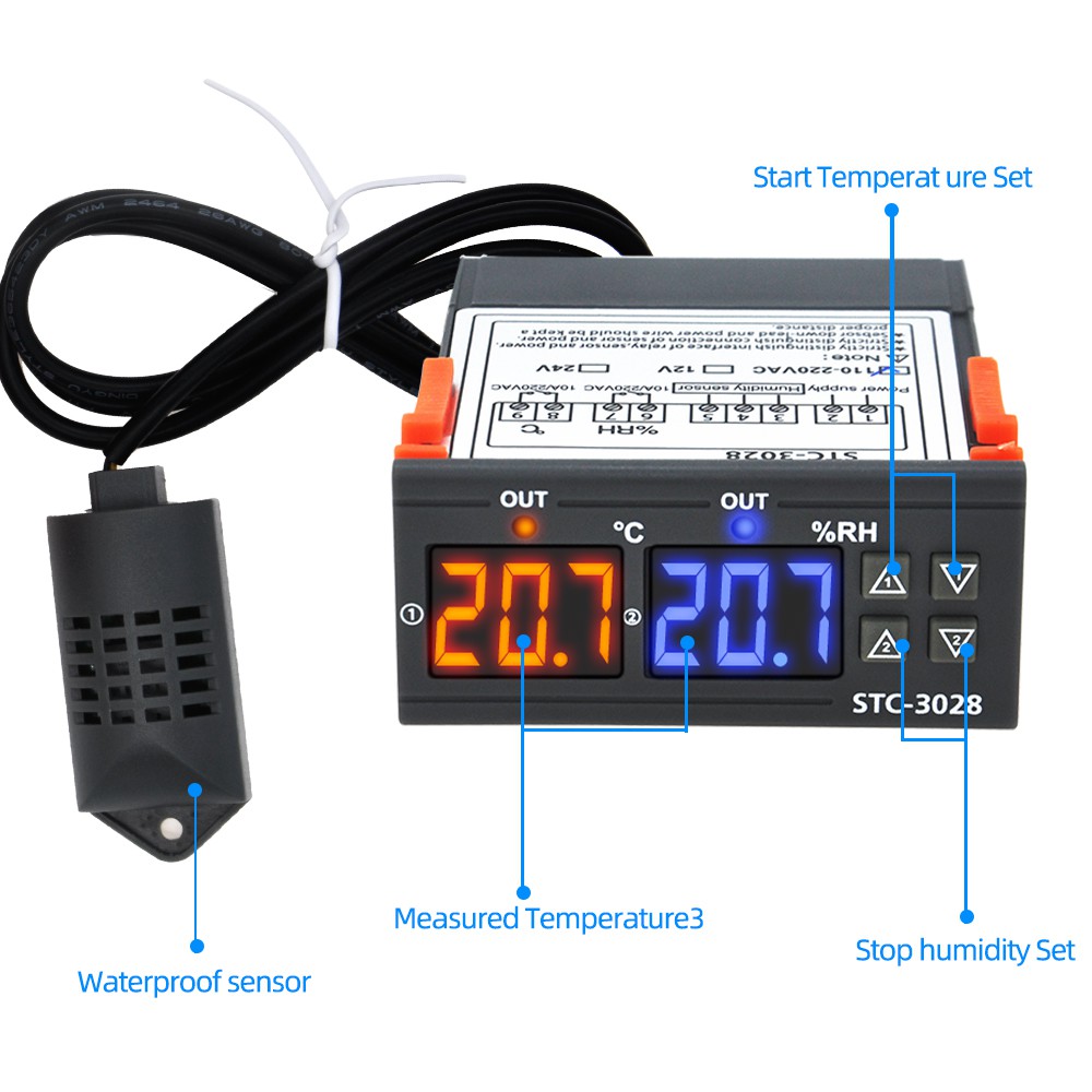 STC-3028 12V/24V/110-220V Dual Digital Temperature Humidity Controller Thermostat 10A with NTC ...