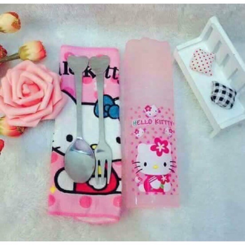 cartoon spoon and fork with towel hello kitty spoon set | Shopee ...