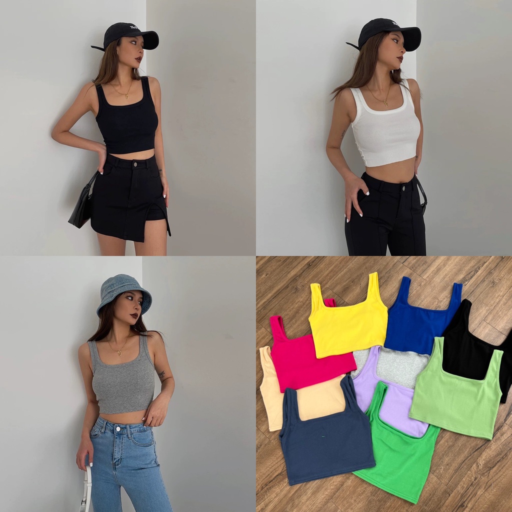 Women's U-neck or wide strap crop top made of ribbed elastic - ribbed ...