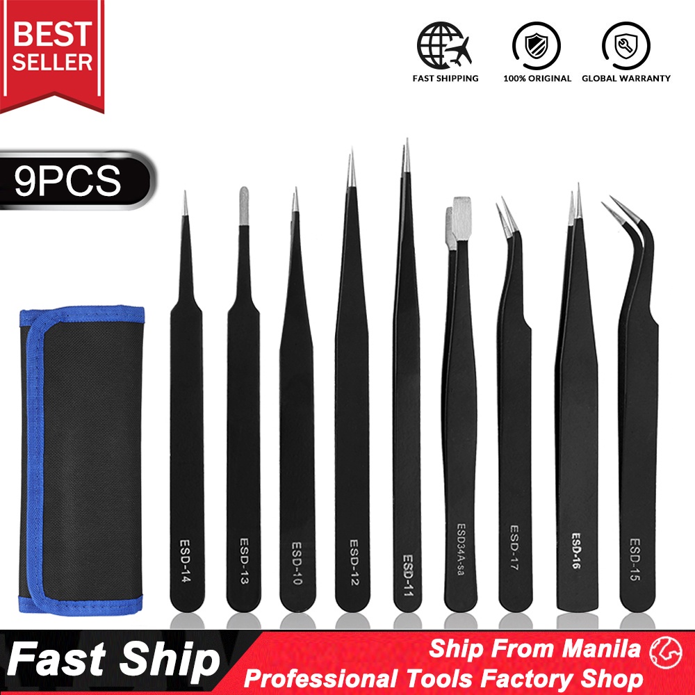 9Pcs Stainless Steel Precision Tweezers Set Anti Static Repair Jewelry ...