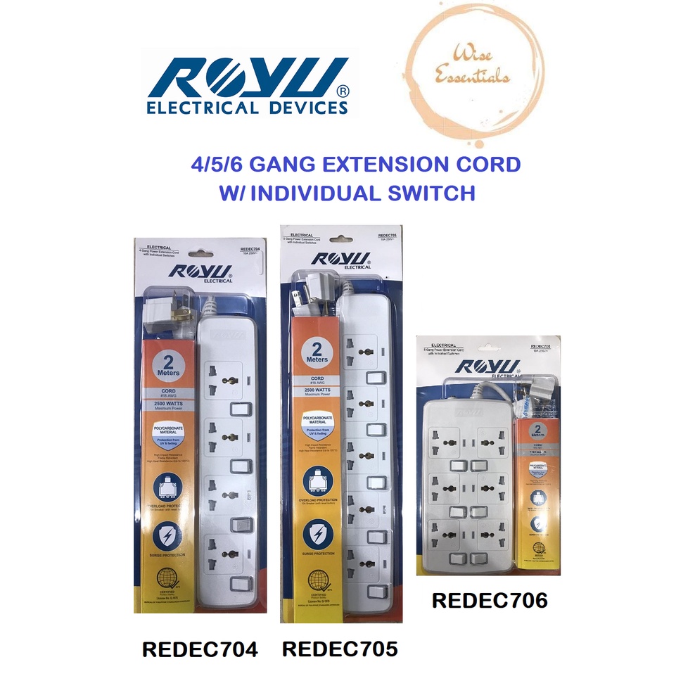 ROYU 4, 5, 6 Gang Extension Cord with Individual Switch | Shopee ...