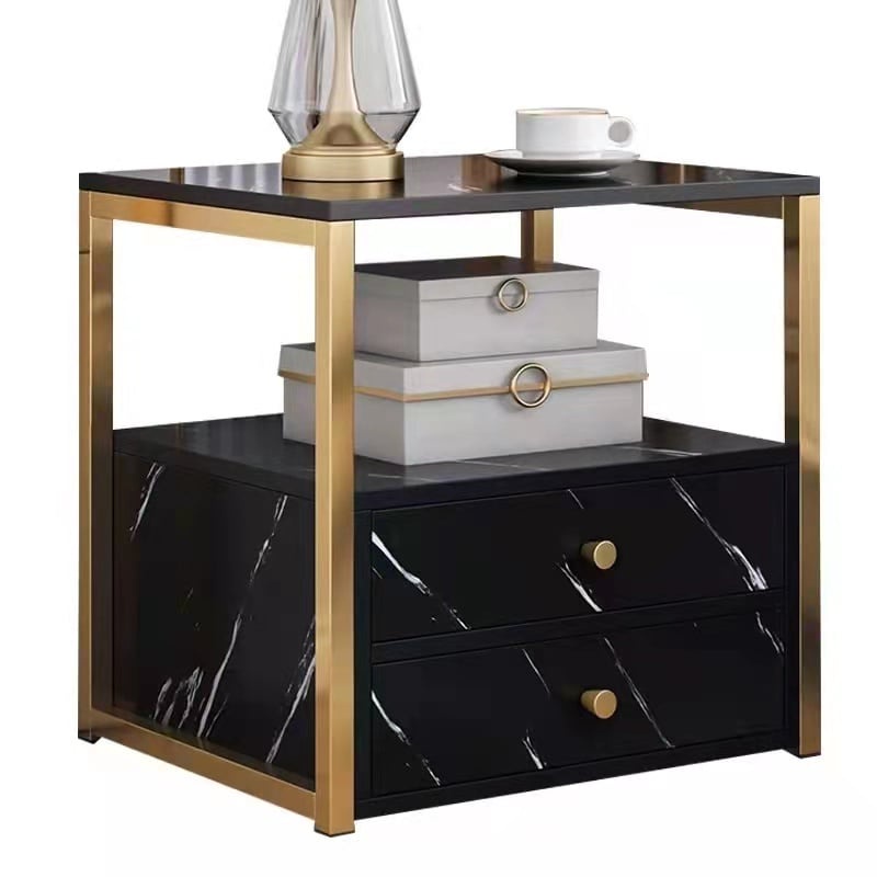 Modern 2 Drawers Bedside Cabinets Faux Marble Table Nightstand Bed ...