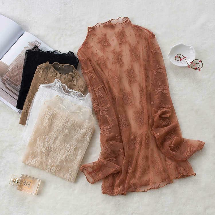 plus size 3XL half-high collar wild transparent lace bottoming shirt ...
