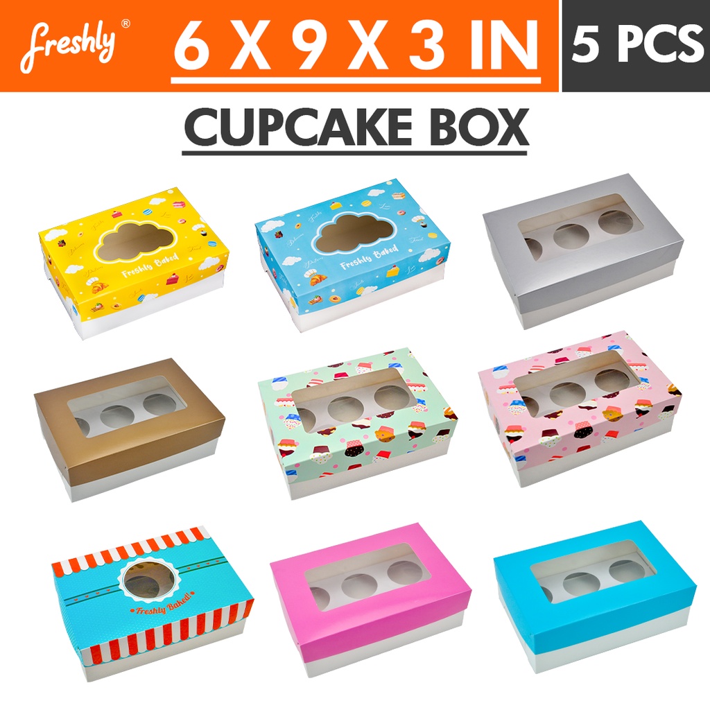 Cupcake Box with Cupcake holder - 6 x 9 x 3 inches - 5 Sets - Printed ...