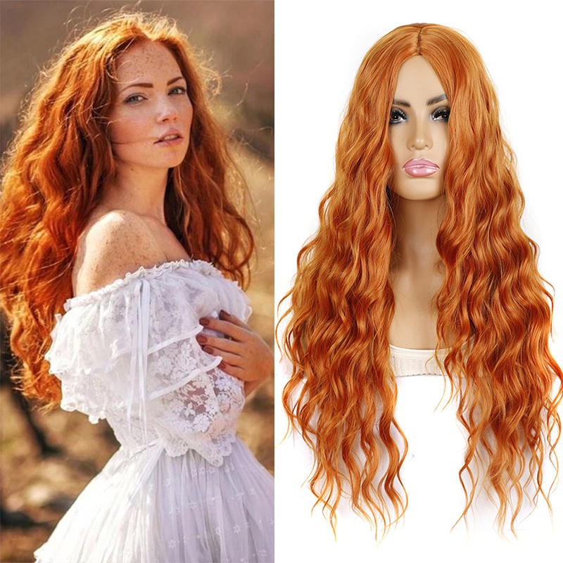 24 Inch Orange Water Wave Curly Hair Cosplay Wig Women's Fashion ...