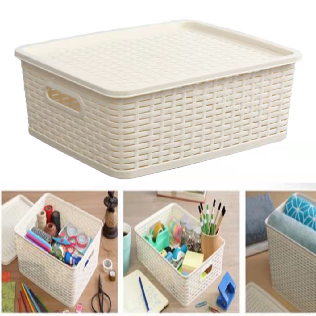 White Rattan Eco Tray Basket Medium Size With Cover Rattan Plastic ...