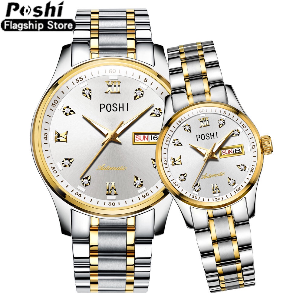 POSHI Fashion Luxury Quartz Watch Stainless Steel Couple Waterproof 30M ...