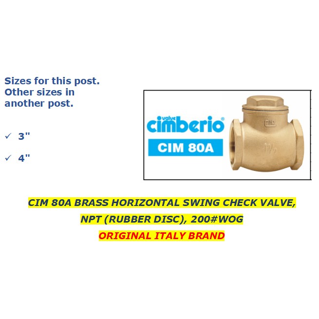 CIM 80A BRASS HORIZONTAL SWING CHECK VALVE, NPT (RUBBER DISC), 200#WOG ...
