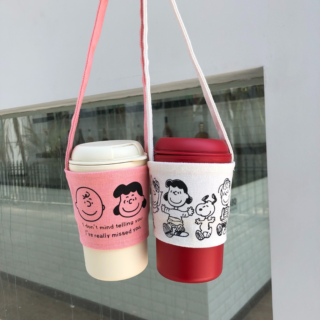 Snoopy cartoon Kawaii Hand Shake Milk Tea Cup Cover Bag Cup Set Cute ...