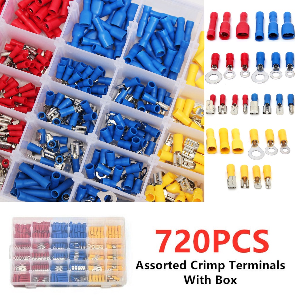 720pcs Wire Connectors Insulated Electrical Terminals Ring Fork Spade Butt Kit Crimp Assorted ...