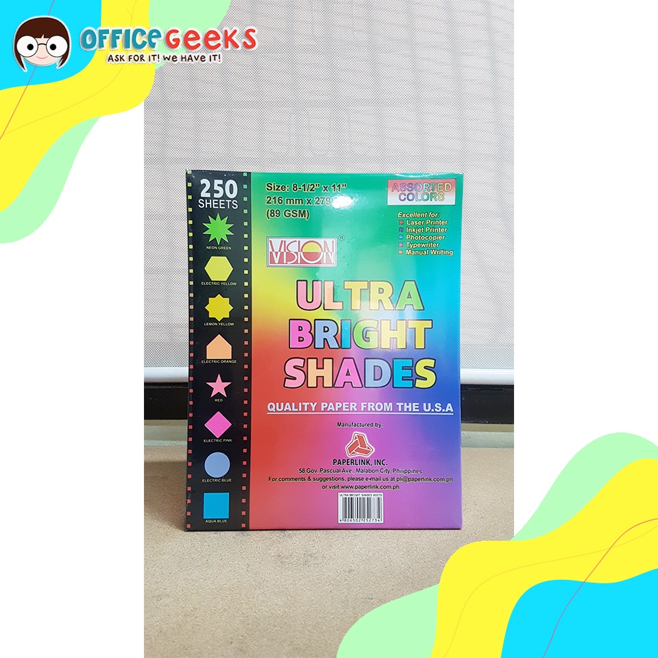 Vision Ultra Bright Shades Colored Paper Assorted 89GSM Short 250 ...