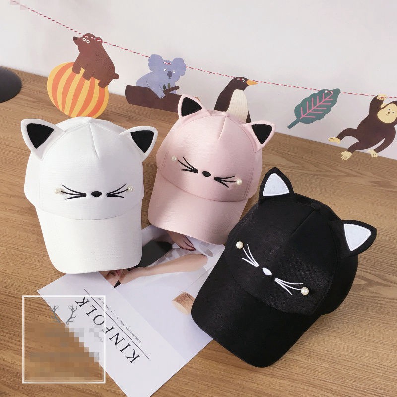 Cute Peaked Cat Ears Pearl Embroidery Summer Outdoor Sunscreen Cartoon ...