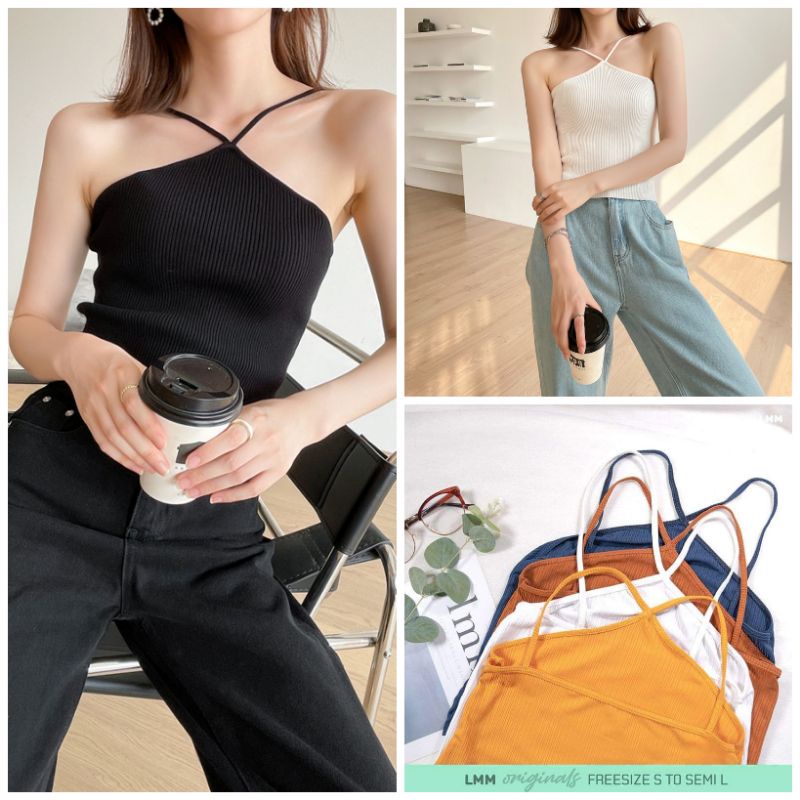 halter x top sleeveless knitted knit crop top women fashion bangkok ...