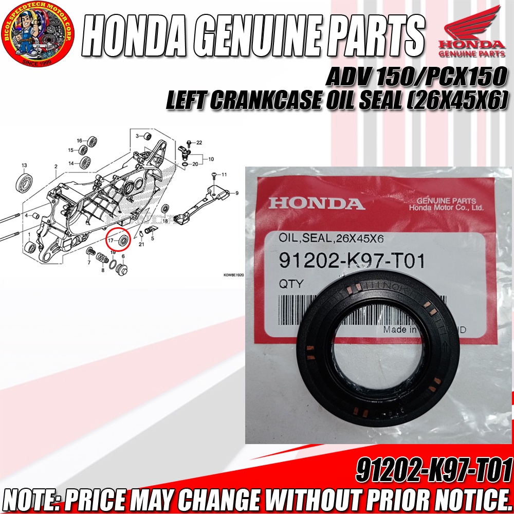 ADV150/PCX150 LEFT CRANKCASE OIL SEAL 26X45X6 (HPI) (GENUINE: 91202-K97-T01) | Shopee Philippines