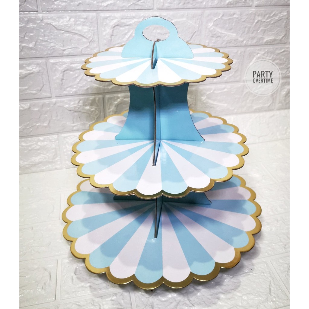 3 Tier Pastel Blue Cupcake Stand Gold Edge Birthday Christening Gender ...